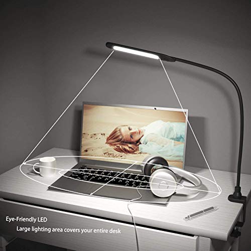 LED Desk Lamp with Clamp,Flexible Gooseneck Clamp Lamp,Dimmable,Touch Control 3 Color Modes,Eye-Care Table Light with Adjustable Arm,Architect Lamp for Home/ Office /Workbench/Reading Working Black