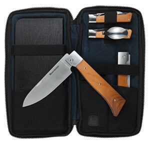 messermeister adventure chef summit set, carbonized maple - folding 6” chef’s knife, 6” fillet knife, folding steak knife, fork & spoon, folding peeler & parer, tpe cutting board + waxed canvas case