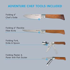 Messermeister Adventure Chef Summit Set, Carbonized Maple - Folding 6” Chef’s Knife, 6” Fillet Knife, Folding Steak Knife, Fork & Spoon, Folding Peeler & Parer, TPE Cutting Board + Waxed Canvas Case