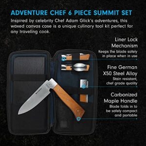 Messermeister Adventure Chef Summit Set, Carbonized Maple - Folding 6” Chef’s Knife, 6” Fillet Knife, Folding Steak Knife, Fork & Spoon, Folding Peeler & Parer, TPE Cutting Board + Waxed Canvas Case