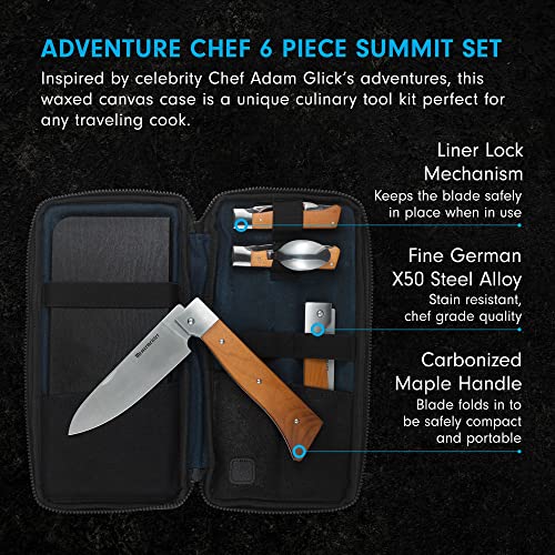 Messermeister Adventure Chef Summit Set, Carbonized Maple - Folding 6” Chef’s Knife, 6” Fillet Knife, Folding Steak Knife, Fork & Spoon, Folding Peeler & Parer, TPE Cutting Board + Waxed Canvas Case