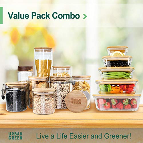 Urban Green Glass Storage Container Bamboo Lids, Glass Airtight Canisters sets, Glass Jar with Lids, Food Jars, Pantry Organization and Storage Containers, Spice Jars, Flour Canisters of 6