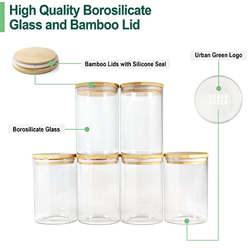 Urban Green Glass Storage Container Bamboo Lids, Glass Airtight Canisters sets, Glass Jar with Lids, Food Jars, Pantry Organization and Storage Containers, Spice Jars, Flour Canisters of 6