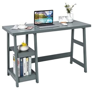 tangkula computer desk with shelves, modern trestle desk home office desk with storage shelf, space saving study writing desk, desk for bedroom