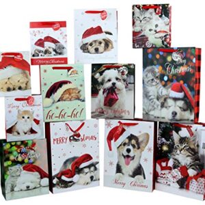 Iconikal Gift Bags for Christmas, Puppies and Kittens, 12-Count