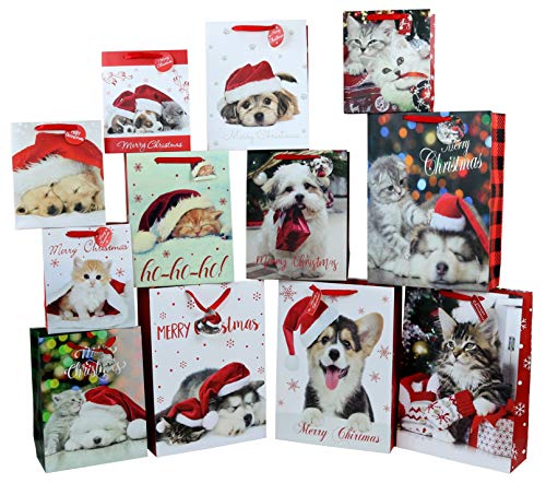 Iconikal Gift Bags for Christmas, Puppies and Kittens, 12-Count