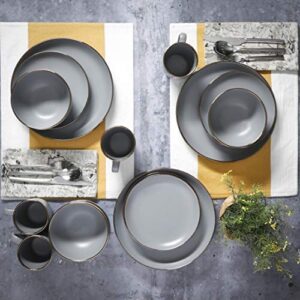 Gibson Home Rockaway Dinnerware, Service for 4 (16pcs), Grey/Gold Rim