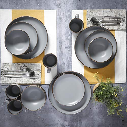 Gibson Home Rockaway Dinnerware, Service for 4 (16pcs), Grey/Gold Rim