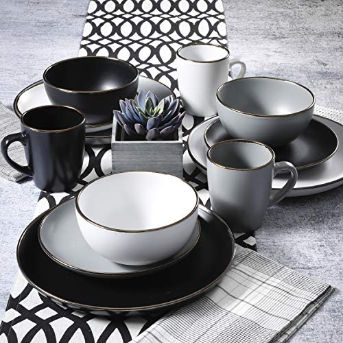 Gibson Home Rockaway Dinnerware, Service for 4 (16pcs), Grey/Gold Rim