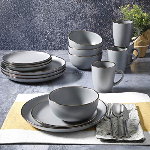 Gibson Home Rockaway Dinnerware, Service for 4 (16pcs), Grey/Gold Rim