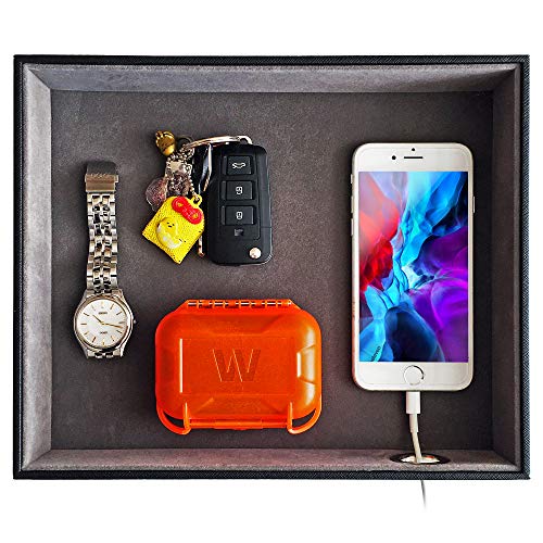 SUKKMORI Valet Tray Desk Organizer - PU Leather Nightstand Organizer for Men and Women, Dresser Tray, Catchall Tray for Key Jewelry Accessories, Vanity Tray Box, Bedside Table Charging Station