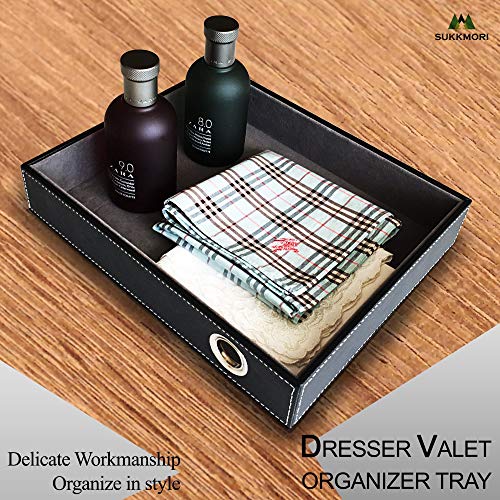 SUKKMORI Valet Tray Desk Organizer - PU Leather Nightstand Organizer for Men and Women, Dresser Tray, Catchall Tray for Key Jewelry Accessories, Vanity Tray Box, Bedside Table Charging Station