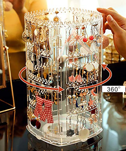 Cq acrylic 360 Rotating Earring Holder Organizer Clear Jewelry Displays Dangle Earinging Rack Necklace Bracelet Carousel Tree Towers,4 Tier Hanging Earring Display Stands For Selling,Pack of 1