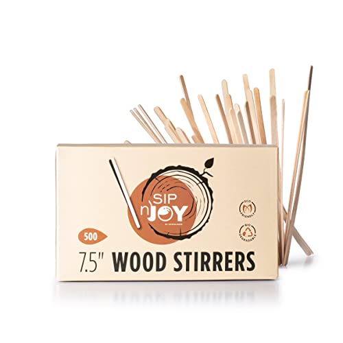 Wood Coffee Stirrers Stir Sticks - 500 Biodegradable Disposable Wooden Beverage Mixer with Round Ends, Made with Natural Birch Wood, Eco-Friendly BPA Free Swizzle Drinks Sticks (7.5 Inch 500 Count)