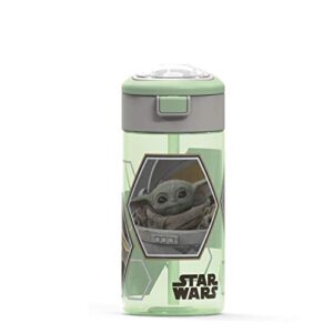 zak designs star wars the mandalorian durable plastic water bottle with interchangeable lid and built-in carry handle, non-bpa, leak-proof design is perfect for outdoor sports (the child, 18oz, 1pc)