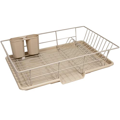 Sweet Home Collection Metal, Plasic 3 Piece Dish Drainer Rack Set with Drying Board and Utensil Holder, 12" x 19" x 5", Beige