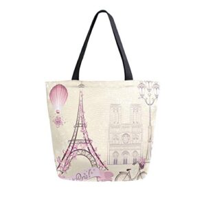 zzkko paris love canvas tote grocery bag shoulder casual book bag large for women teachers, eiffel towel cotton bag shopping purse handbag reusable multipurpose use