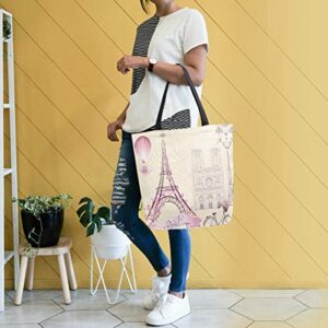 ZZKKO Paris Love Canvas Tote Grocery Bag Shoulder Casual Book Bag Large for Women Teachers, Eiffel Towel Cotton Bag Shopping Purse Handbag Reusable Multipurpose Use