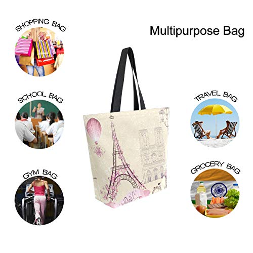 ZZKKO Paris Love Canvas Tote Grocery Bag Shoulder Casual Book Bag Large for Women Teachers, Eiffel Towel Cotton Bag Shopping Purse Handbag Reusable Multipurpose Use