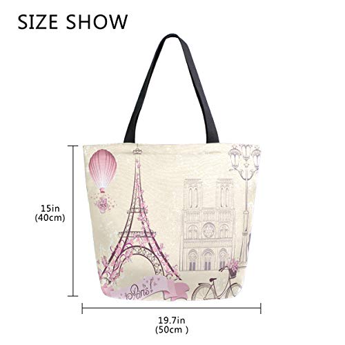 ZZKKO Paris Love Canvas Tote Grocery Bag Shoulder Casual Book Bag Large for Women Teachers, Eiffel Towel Cotton Bag Shopping Purse Handbag Reusable Multipurpose Use