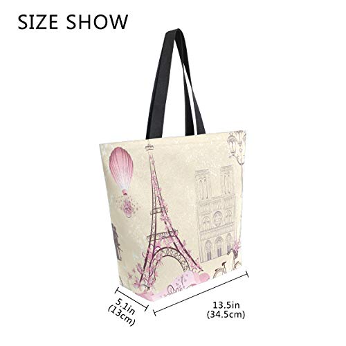 ZZKKO Paris Love Canvas Tote Grocery Bag Shoulder Casual Book Bag Large for Women Teachers, Eiffel Towel Cotton Bag Shopping Purse Handbag Reusable Multipurpose Use