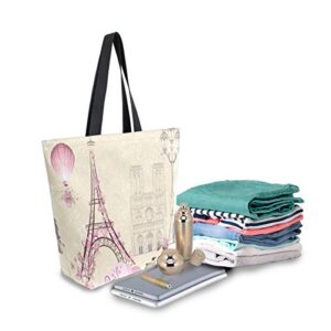 ZZKKO Paris Love Canvas Tote Grocery Bag Shoulder Casual Book Bag Large for Women Teachers, Eiffel Towel Cotton Bag Shopping Purse Handbag Reusable Multipurpose Use