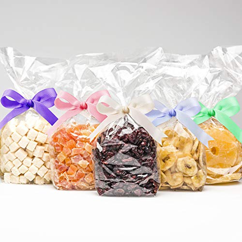 HESTYA 50 Counts 15 x 25 cm Clear Flat Cello Cellophane Treat Bags Cellophane Block Bottom Storage Bags Sweet/Party/Gift/Home Bags with Colorful Bag Ties (Grosgrain Ribbon)