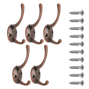 mromax dual prong coat hooks wall mounted retro double hooks utility hook for coat scarf bag towel key cap cup hat 3.43" x 1.81"(l x h), red copper tone 5pcs