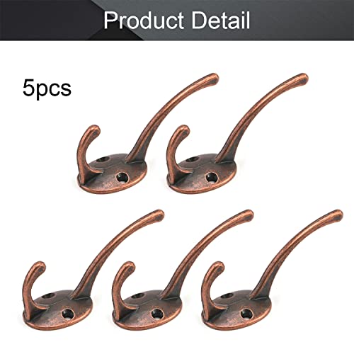 MroMax Dual Prong Coat Hooks Wall Mounted Retro Double Hooks Utility Hook for Coat Scarf Bag Towel Key Cap Cup Hat 3.43" x 1.81"(L x H), Red Copper Tone 5pcs