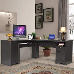 goflame 66" modern l-shaped desk with drawers, pc laptop corner table workstation, space saving computer desk with spacious surface, writing table home office computer desk (coffee)