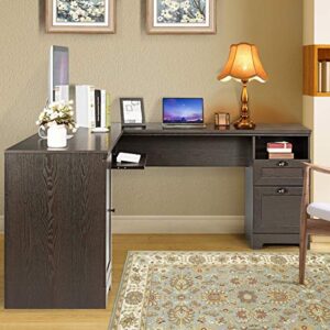 GOFLAME 66" Modern L-Shaped Desk with Drawers, PC Laptop Corner Table Workstation, Space Saving Computer Desk with Spacious Surface, Writing Table Home Office Computer Desk (Coffee)