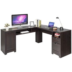 GOFLAME 66" Modern L-Shaped Desk with Drawers, PC Laptop Corner Table Workstation, Space Saving Computer Desk with Spacious Surface, Writing Table Home Office Computer Desk (Coffee)