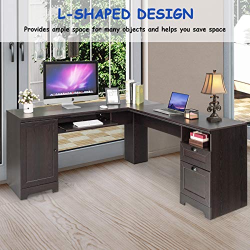 GOFLAME 66" Modern L-Shaped Desk with Drawers, PC Laptop Corner Table Workstation, Space Saving Computer Desk with Spacious Surface, Writing Table Home Office Computer Desk (Coffee)