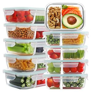 bayco 10 pack glass meal prep containers 2 compartment, glass food storage containers with lids, airtight glass lunch bento boxes, bpa-free & leak proof (10 lids & 10 containers)