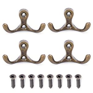 mromax dual prong coat hooks wall mounted retro double hooks utility hook for coat scarf bag towel key cap cup hat 1.18" x 2.17" x 1.18"(l x w x h) bronze tone 4pcs