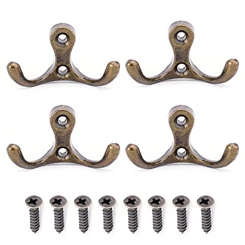 MroMax Dual Prong Coat Hooks Wall Mounted Retro Double Hooks Utility Hook for Coat Scarf Bag Towel Key Cap Cup Hat 1.18" x 2.17" x 1.18"(L x W x H) Bronze Tone 4pcs