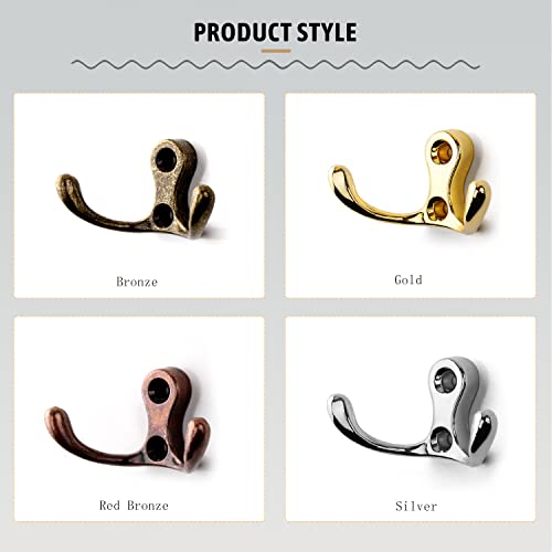 MroMax Dual Prong Coat Hooks Wall Mounted Retro Double Hooks Utility Hook for Coat Scarf Bag Towel Key Cap Cup Hat 1.18" x 2.17" x 1.18"(L x W x H) Bronze Tone 4pcs