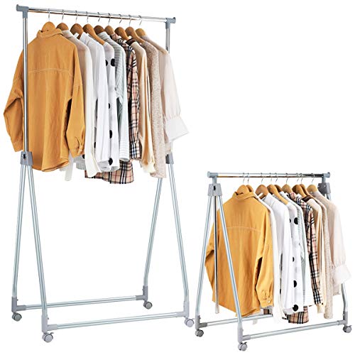 Tangkula Extendable Garment Rack, Heavy Duty Foldable Clothes Rack with Adjustable Hanging Rod, Rolling Clothes Hanger for Home Office (Silver)