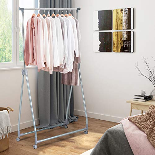 Tangkula Extendable Garment Rack, Heavy Duty Foldable Clothes Rack with Adjustable Hanging Rod, Rolling Clothes Hanger for Home Office (Silver)