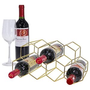 tabletop honeycomb wine rack - 9 bottle wine holder for wine storage - no assembly required - modern black metal wine rack - wine racks desktop - small wine rack and wine bottle holder (gold)