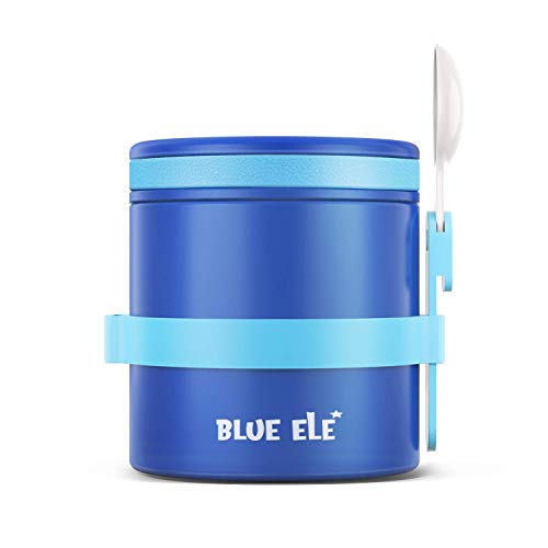 BLUE ELE Leakproof, Vacuum Insulated Thermos Hot Lunch Containers with Ceramic-Coated Stainless Steel, Easy Grip Lid, and Folding Spoon, 13.5oz, Deep Blue