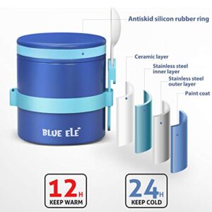 BLUE ELE Leakproof, Vacuum Insulated Thermos Hot Lunch Containers with Ceramic-Coated Stainless Steel, Easy Grip Lid, and Folding Spoon, 13.5oz, Deep Blue