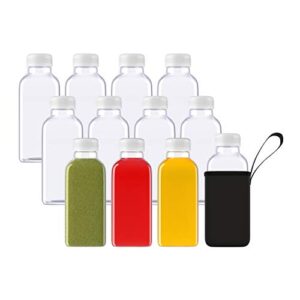 dishwasher safe plastic juice bottles with lids, free insulated bottle holder, hot or cold drinks, 12pcs 16oz empty clear bpa free reusable containers with caps for smoothies, milk and other beverages