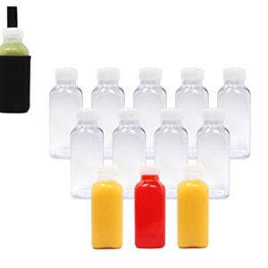 Dishwasher Safe Plastic Juice Bottles with Lids, Free Insulated Bottle Holder, Hot or Cold Drinks, 12pcs 16oz Empty Clear BPA Free Reusable Containers with Caps for Smoothies, Milk and Other Beverages