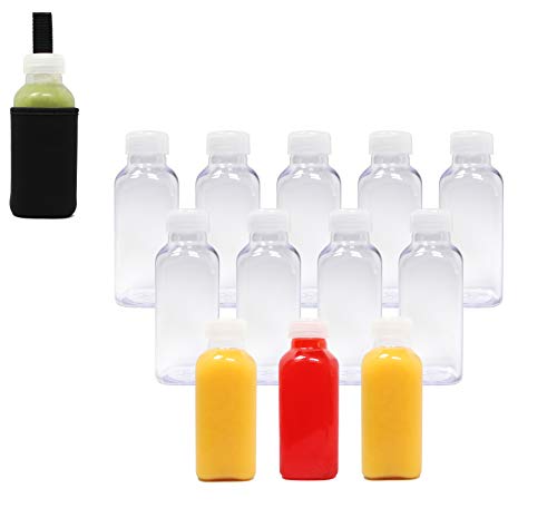 Dishwasher Safe Plastic Juice Bottles with Lids, Free Insulated Bottle Holder, Hot or Cold Drinks, 12pcs 16oz Empty Clear BPA Free Reusable Containers with Caps for Smoothies, Milk and Other Beverages