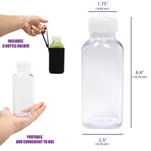 Dishwasher Safe Plastic Juice Bottles with Lids, Free Insulated Bottle Holder, Hot or Cold Drinks, 12pcs 16oz Empty Clear BPA Free Reusable Containers with Caps for Smoothies, Milk and Other Beverages