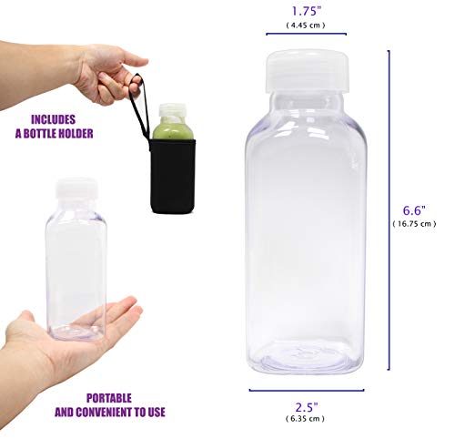 Dishwasher Safe Plastic Juice Bottles with Lids, Free Insulated Bottle Holder, Hot or Cold Drinks, 12pcs 16oz Empty Clear BPA Free Reusable Containers with Caps for Smoothies, Milk and Other Beverages