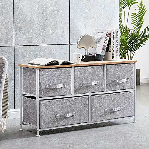 4HOMART Drawer Dresser Closet with 5 Easy Pull Fabric Drawers Organizer Unit Storage with Sturdy Steel Frame Wood Top for Bedroom Hallway Entryway Use