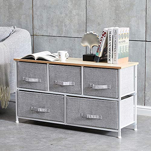 4HOMART Drawer Dresser Closet with 5 Easy Pull Fabric Drawers Organizer Unit Storage with Sturdy Steel Frame Wood Top for Bedroom Hallway Entryway Use