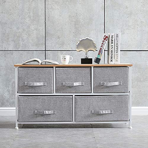 4HOMART Drawer Dresser Closet with 5 Easy Pull Fabric Drawers Organizer Unit Storage with Sturdy Steel Frame Wood Top for Bedroom Hallway Entryway Use